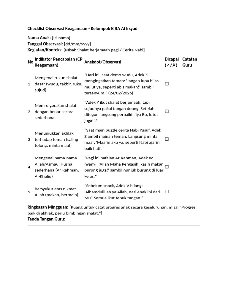 Checklist Observasi Keagamaan | PDF