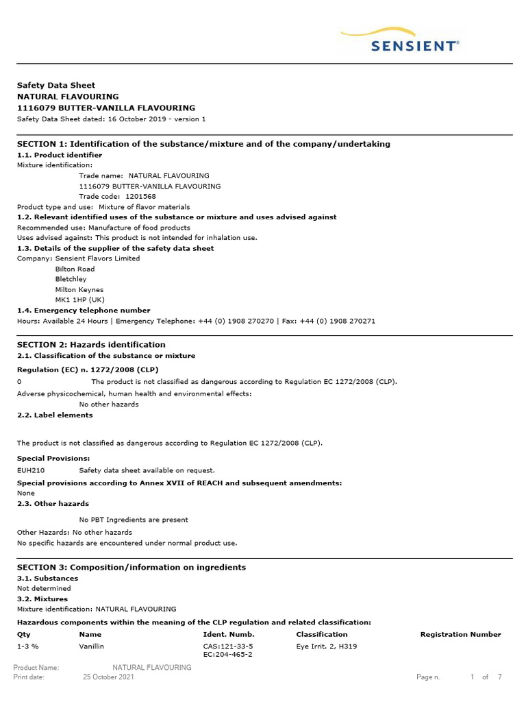 1201568-BUTTER-VANILLA FLAV NAT-Global Reach SDS | PDF | Toxicity ...