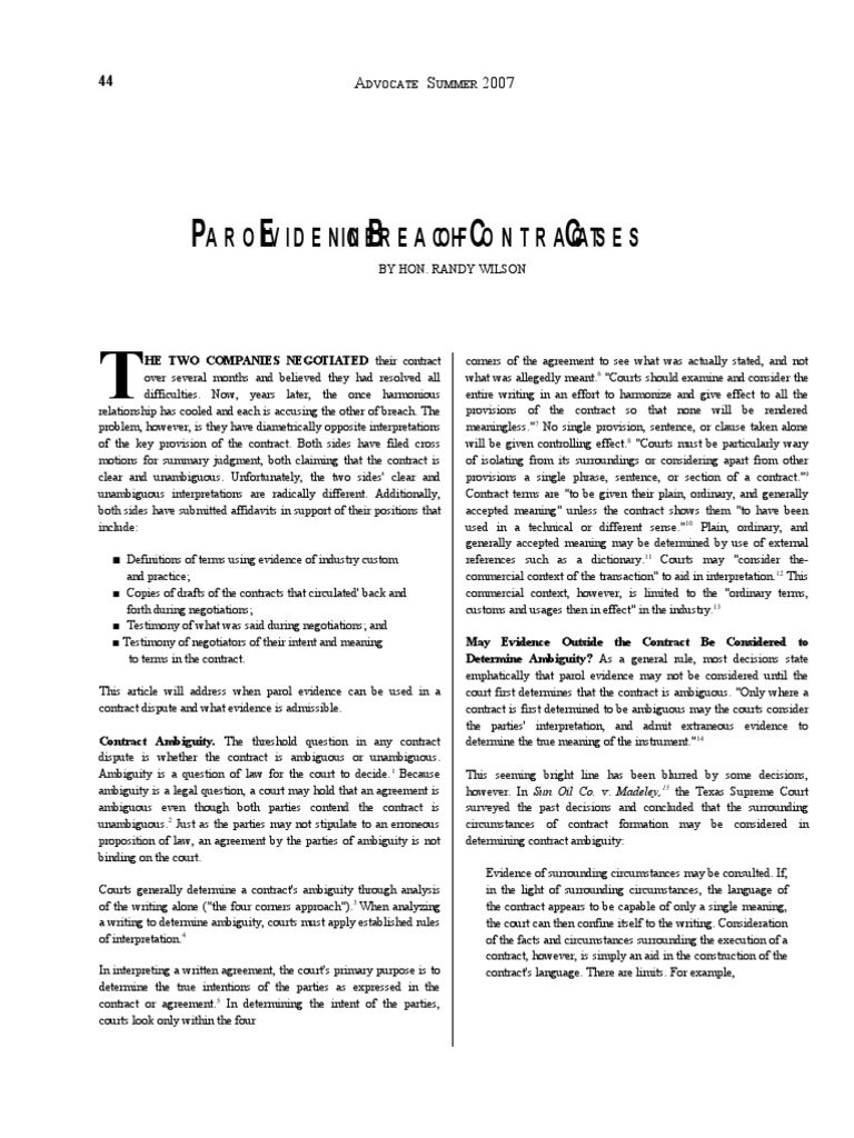 Parol Evidence in Contract Ambiguity | PDF | Parol Evidence Rule ...