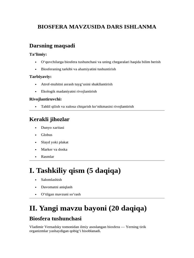 Biosfera Mavzusida Dars Ishlanma | PDF