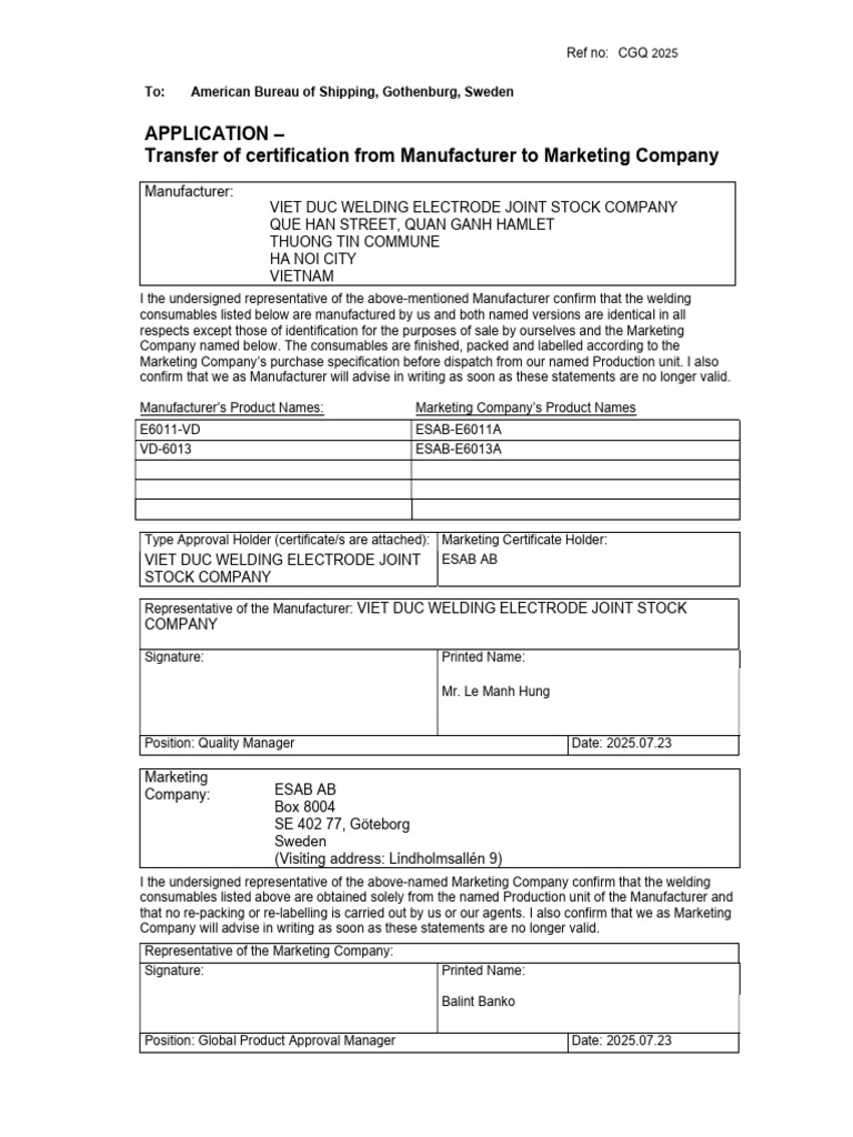 ABS Declaration From Manufacturer | PDF