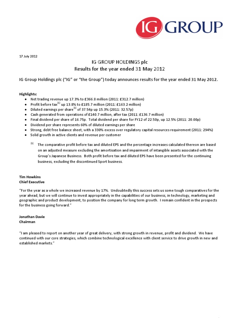 IG Group Holdings FY2012 Financial Results | PDF | Over The Counter ...