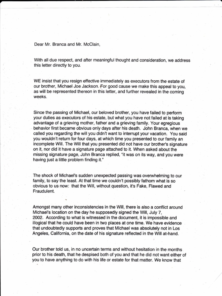 Michael Jackson Siblings Letter To John Branca, McClain, Randy Phillips ...