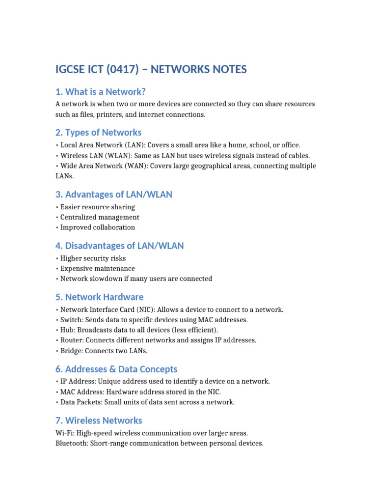 IGCSE ICT Networks Notes | PDF