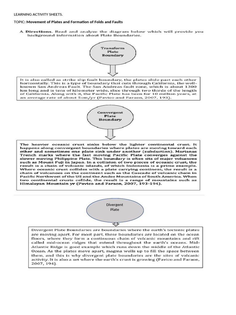 Learning Activity Sheets - Movement of Plates | PDF