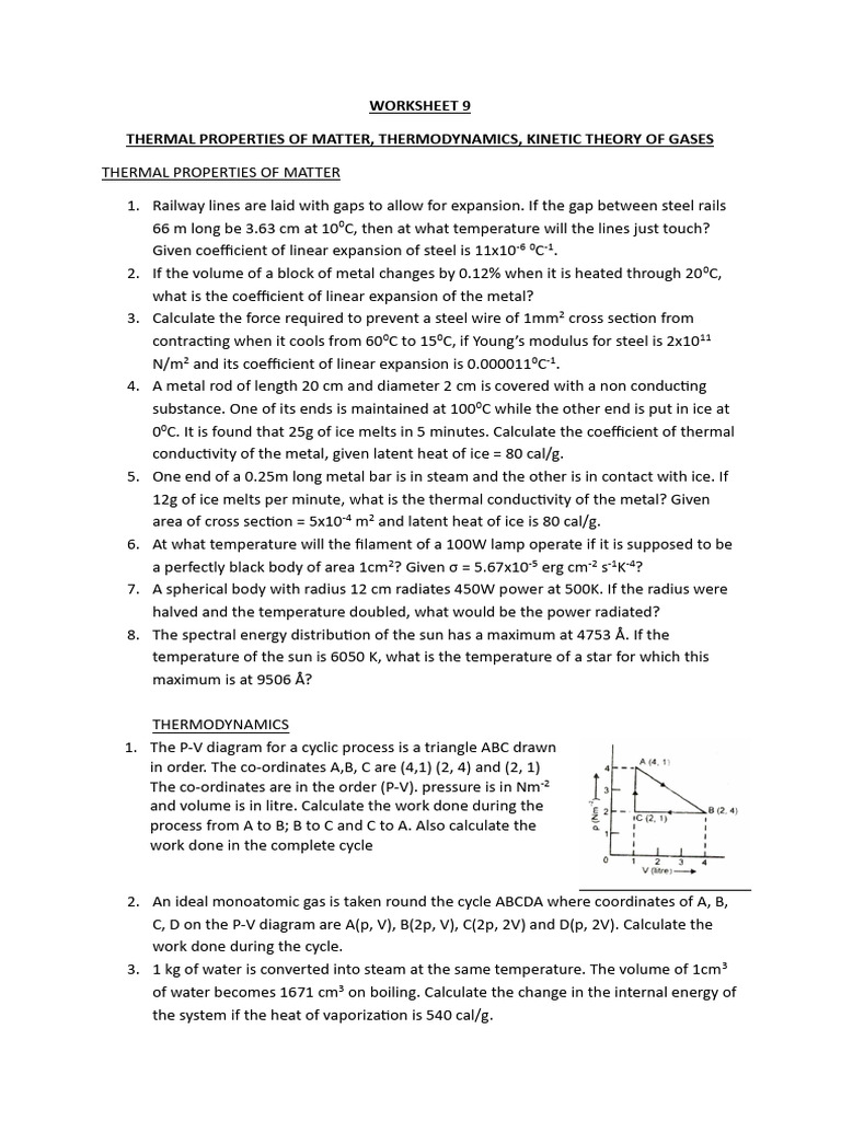 Worksheet 9 Thermal Properties of Matter, Thermodynamics, Kinetic ...