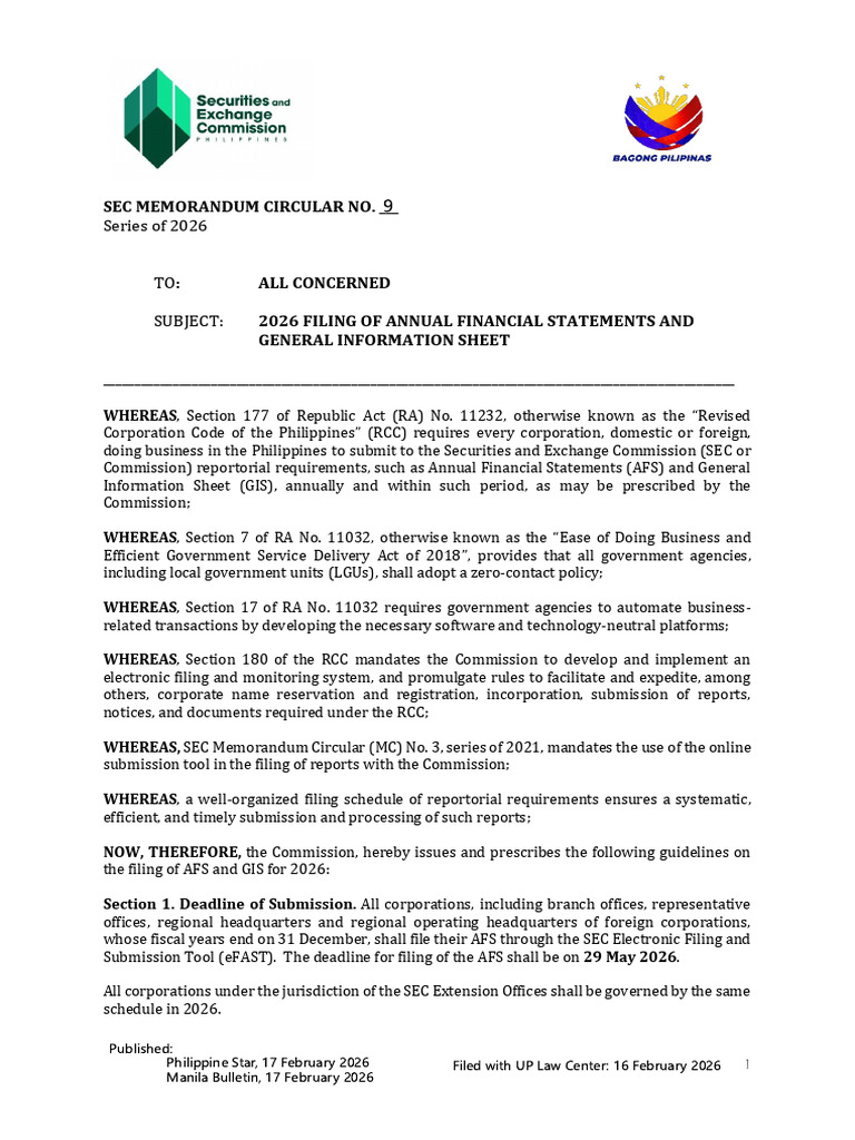 2026MC SEC MC No. 9 S. of 2026 2026 Filing of Annual Financial ...