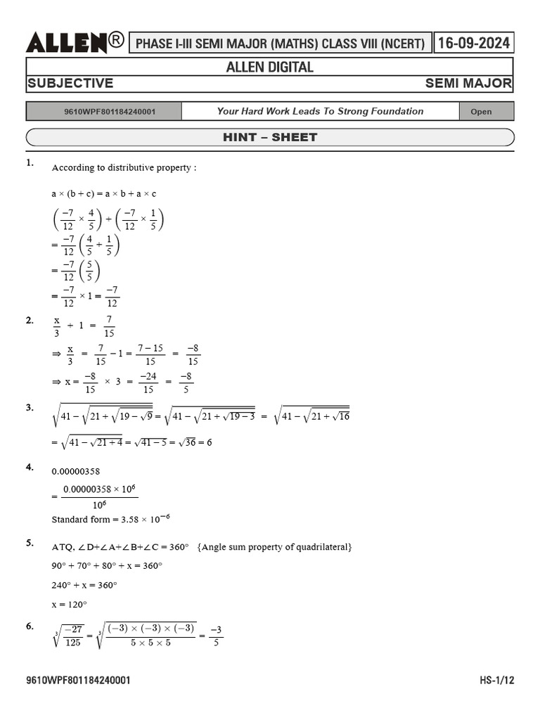 PH 1+to+3+Semi+Major MATHS+Cl 8 Sol | PDF | Chess Theory | Chess