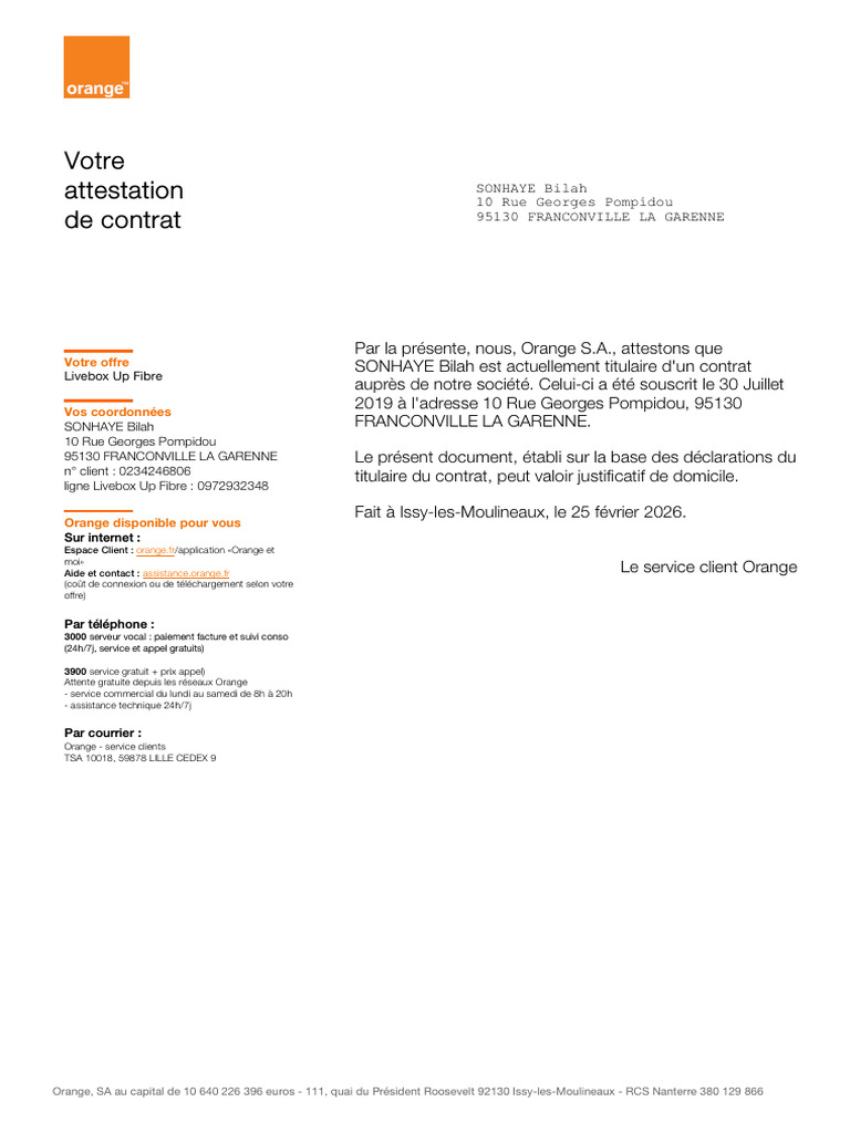 Votre Attestation de Contrat: Sonhaye Bilah 10 Rue Georges Pompidou ...