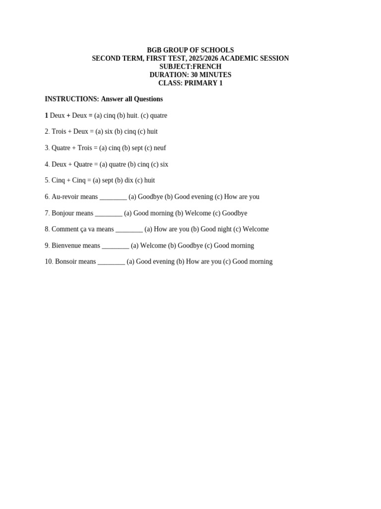 Primary 1 French Test | PDF