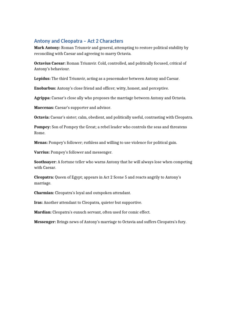 Act 2 Characters Antony and Cleopatra Complete | PDF