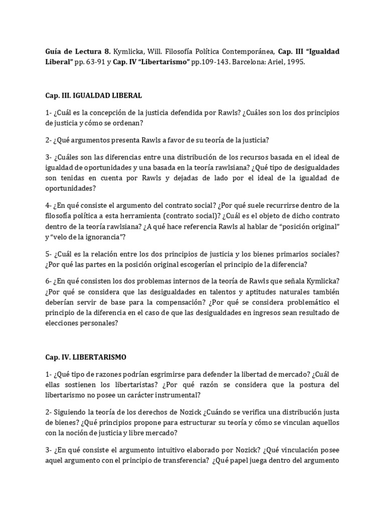 Guía de Lectura. Unidad 8. Rawls y Nozick | PDF | John Rawls | Libertarismo