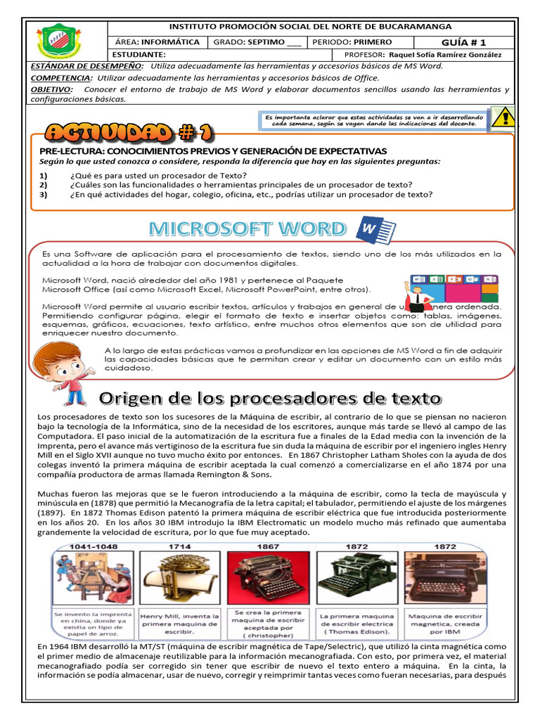 Guía # 1 - Informática 7° (Primer Periodo) 2026 | PDF | Máquina de escribir