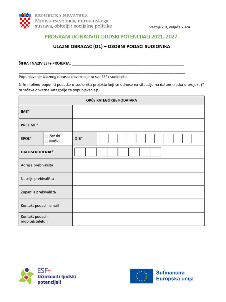 PULJP O1 Sudionici Ulazni Obrazac v2 | PDF