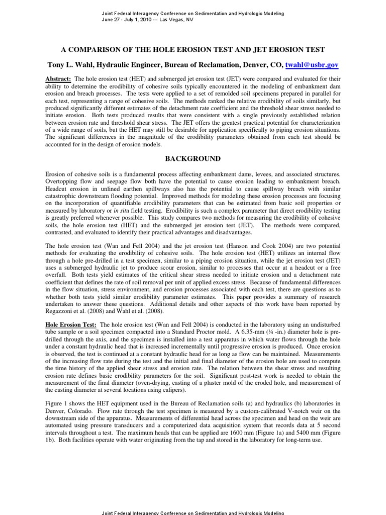 A Comparison of The Hole Erosion Test and Jet Erosion Test | PDF ...
