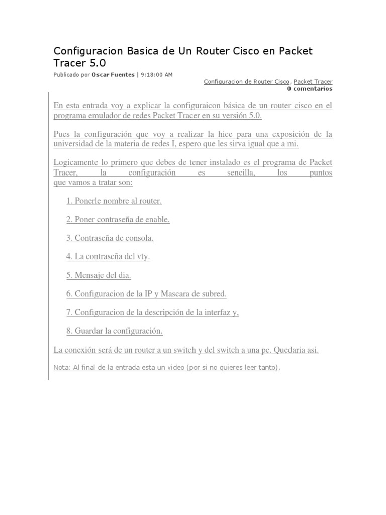Configuracion Basica de Un Router Cisco en Packet Tracer 5 | PDF | Enrutador (Computación ...