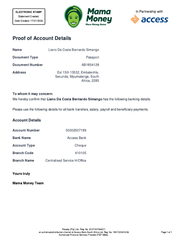 Liano Da Costa Bernardo Simango Proof of Account 2026-01-17 | PDF