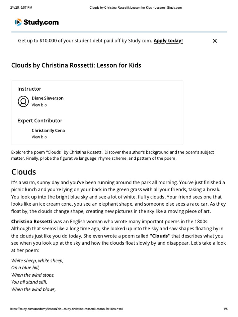 004 Clouds by Christina Rossetti - Lesson For Kids - Lesson - Study | PDF