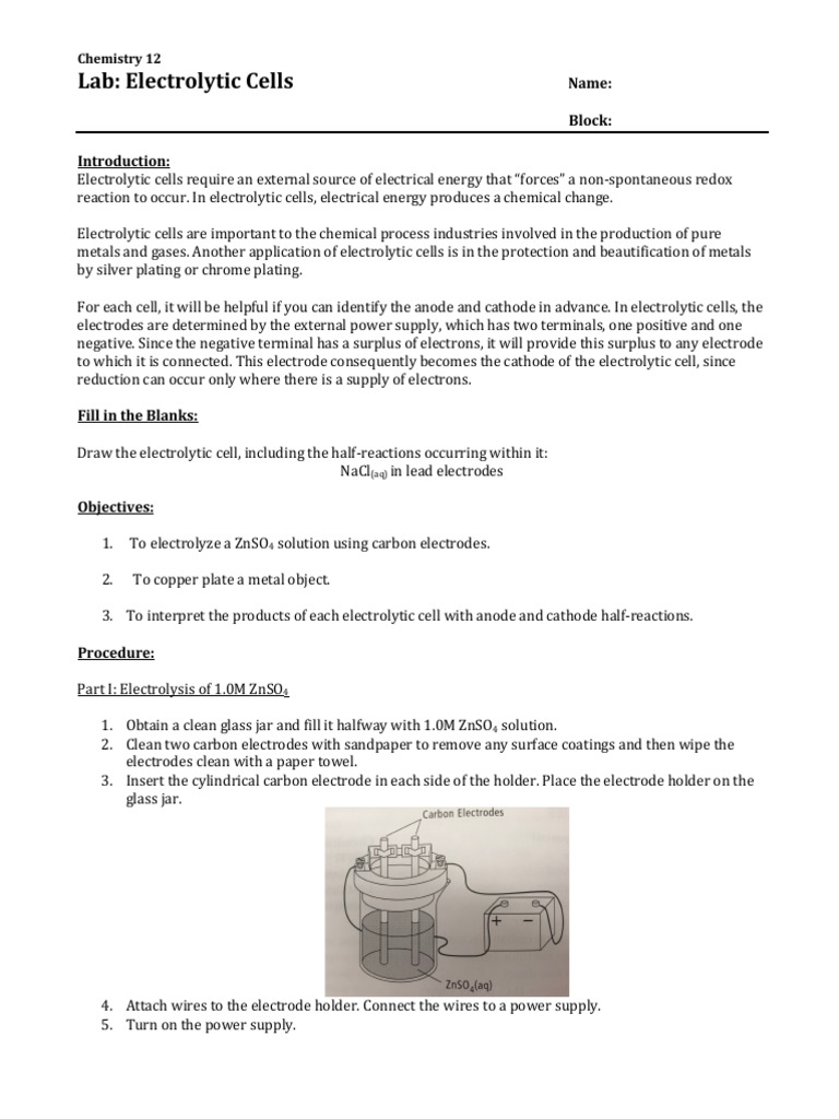 (KEY) 5 - Class Avtivity (Electrolytic - Cells - Lab - Pre-Lab) - (KEY ...