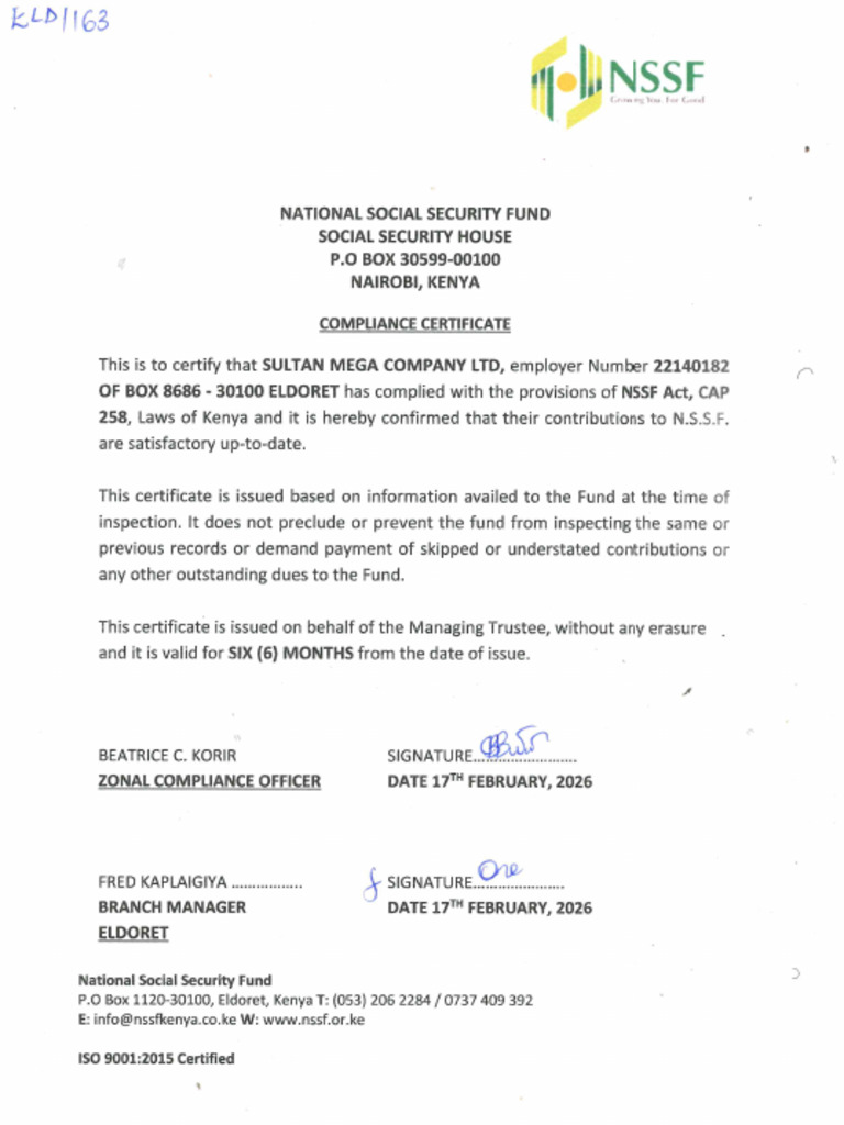 Sultan Mega NSSF Compliance | PDF