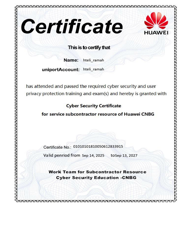 Cyber Security Certificate RAMAH | PDF