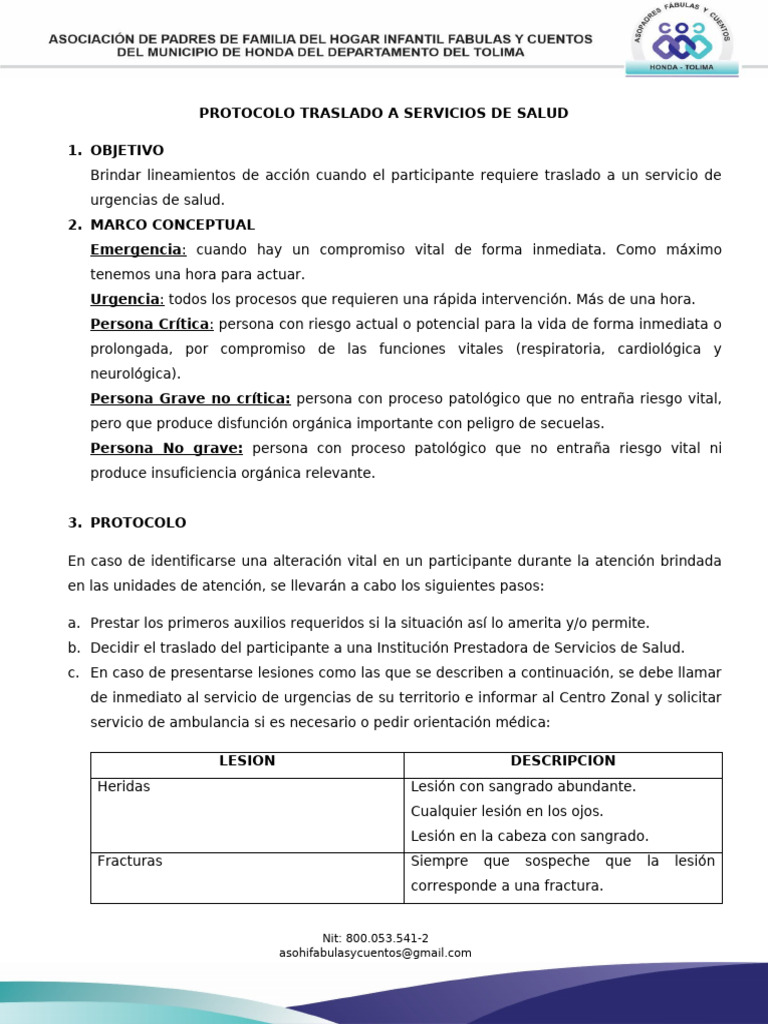 Protocolo Traslado a Servicios de Salud. | PDF | Cuidado de la salud | Emergencias Médicas
