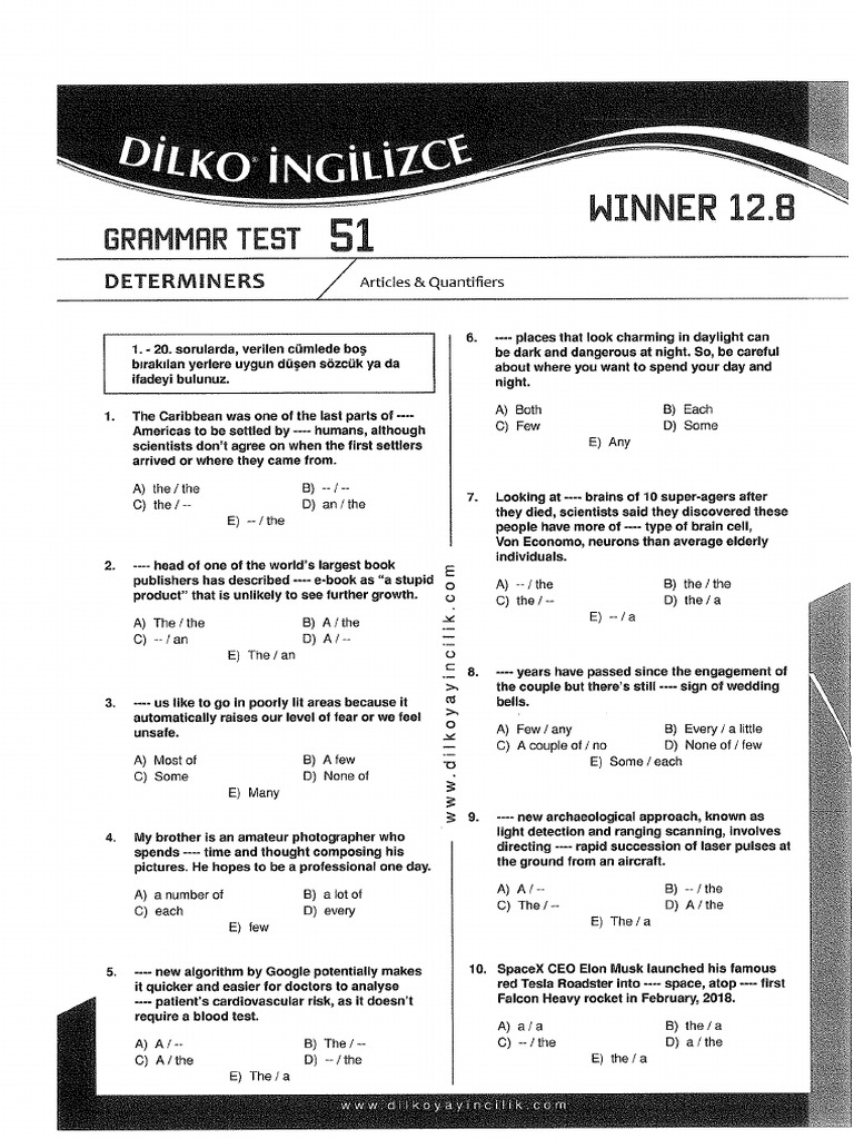 Grammar Test Determiners | PDF