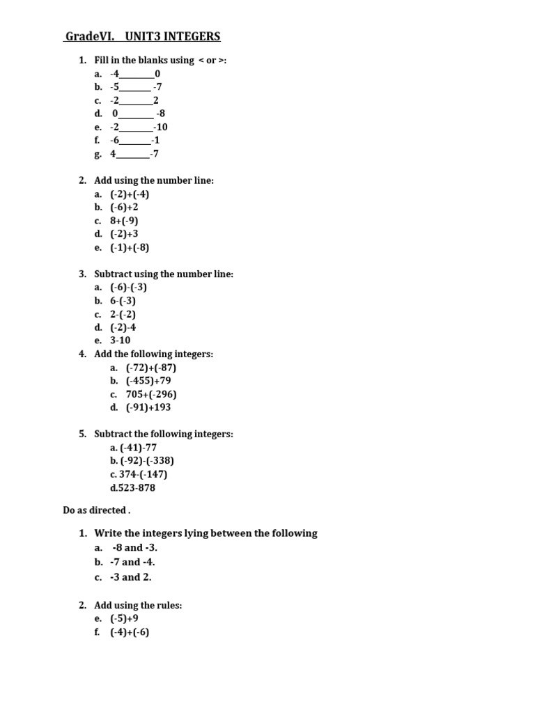 Unit3 - Integers Grade 6 | PDF