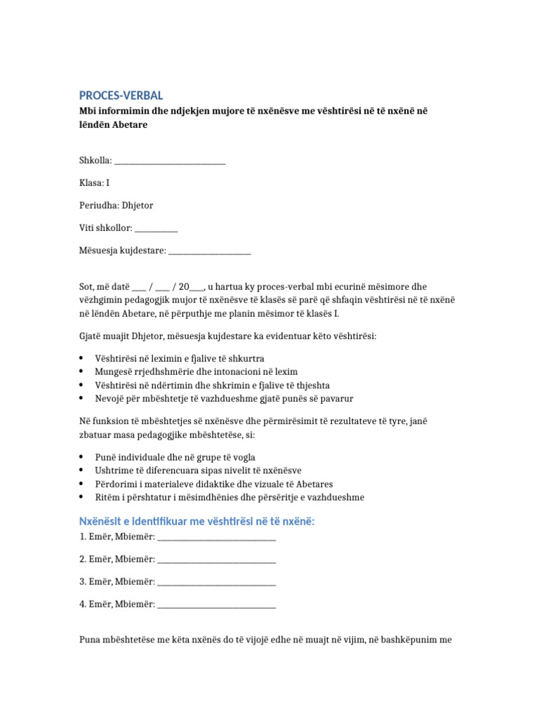 Proces Verbal Abetare Klasa I Dhjetor I Pershtatur | PDF