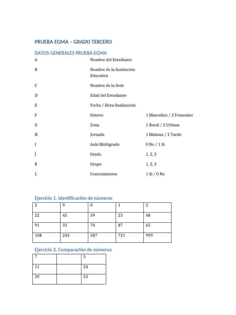 Prueba EGMA en Tablas Grado Tercero | PDF