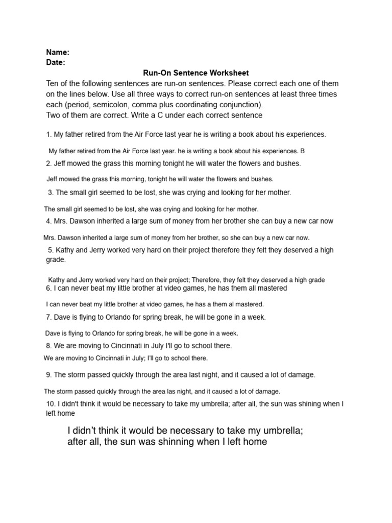 Run On Sentences Exercises - 1 | PDF