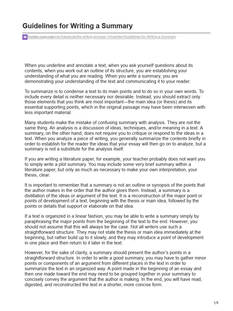 Hunter - Cuny.edu-Guidelines For Writing A Summary | PDF | Paragraph ...