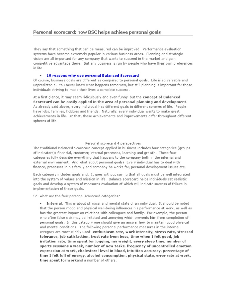 Personal Scorecard | PDF | Goal | Motivation