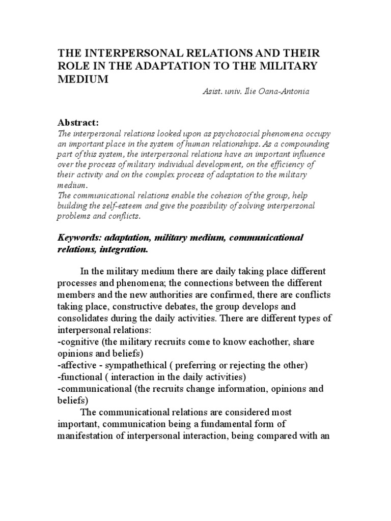 The Interpersonal Relations and Their Role in Adjusting To The Military ...