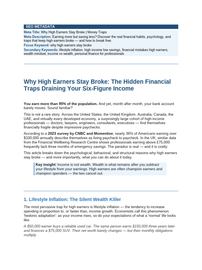 Why High Earners Stay Broke | PDF | Wealth | Retirement