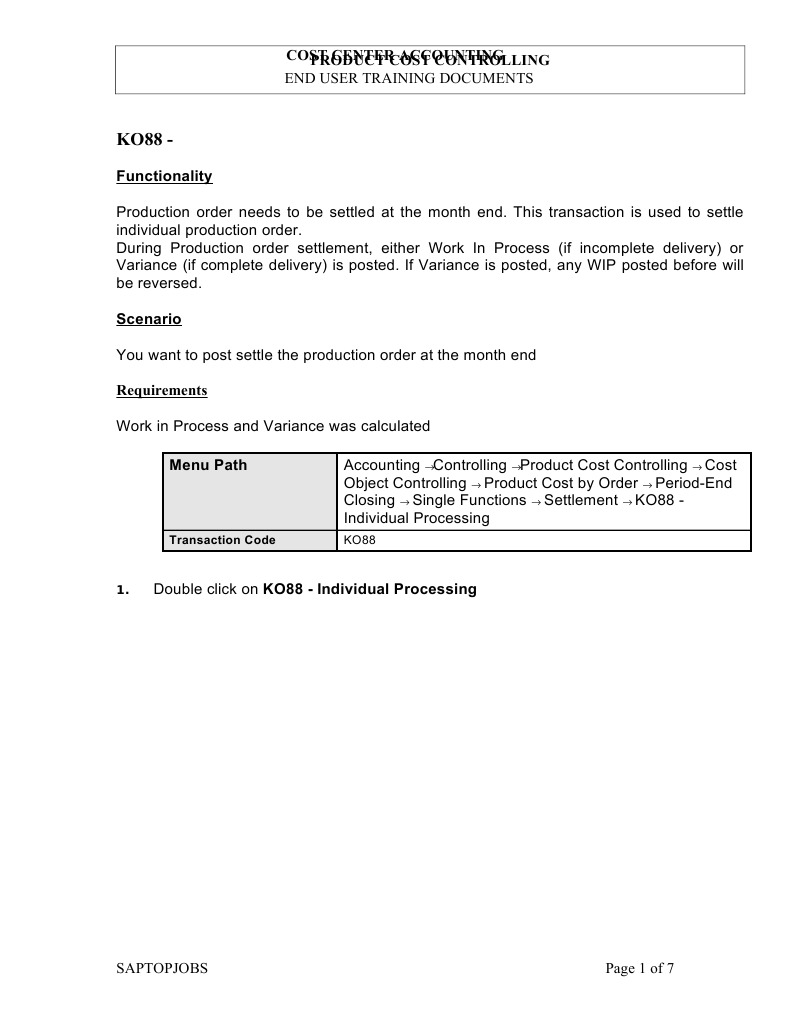 SAP K088 Tutorial: How To Settle Individual Production Order | PDF ...