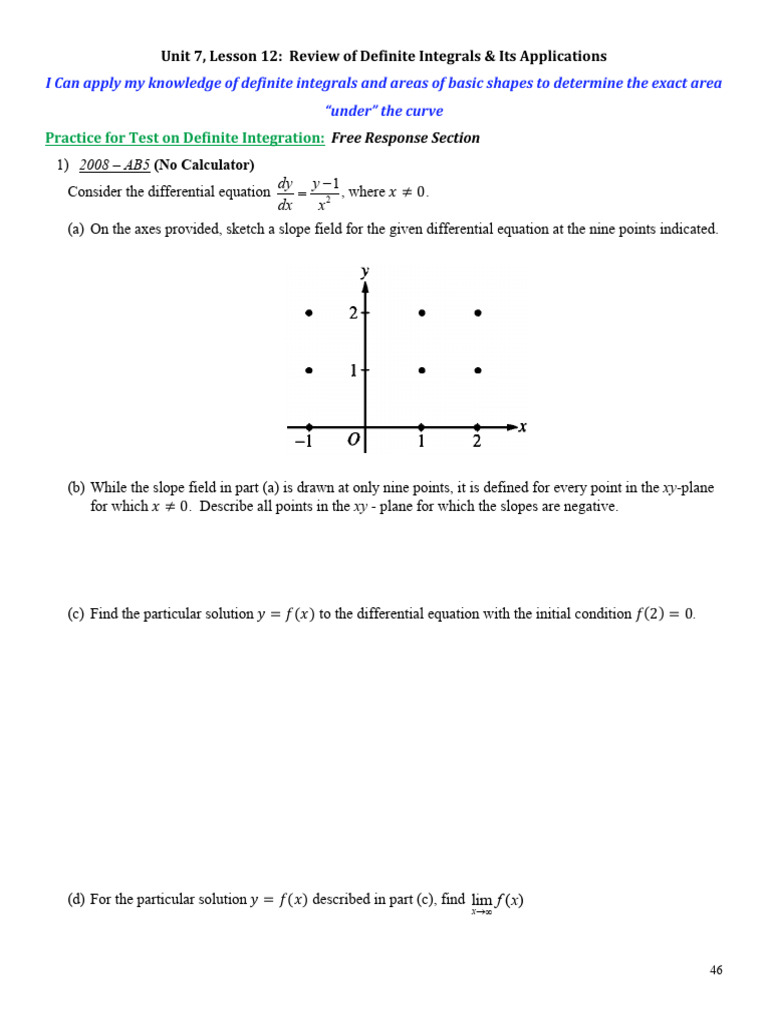 (No Calculator) : Unit 7, Lesson 12: Review of Definite Integrals & Its ...