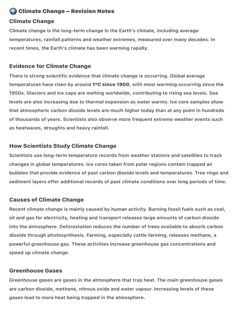 ? Climate Change - Revision Notes | PDF | Climate Change | Greenhouse Gas
