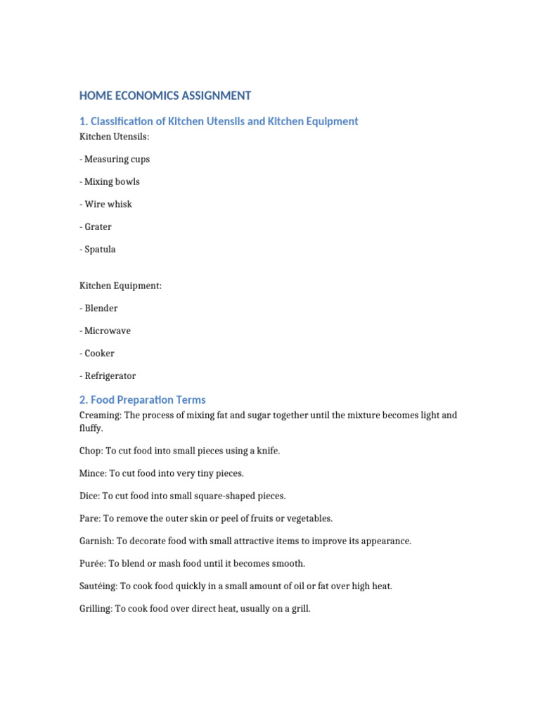 Home Economics Kitchen Tasks | PDF