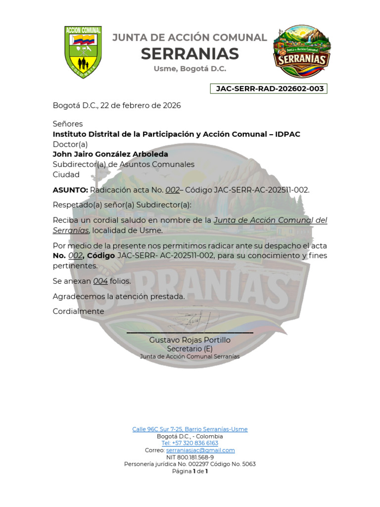Jac Serr Rad 202602 003 | PDF | Bogotá | Gobierno