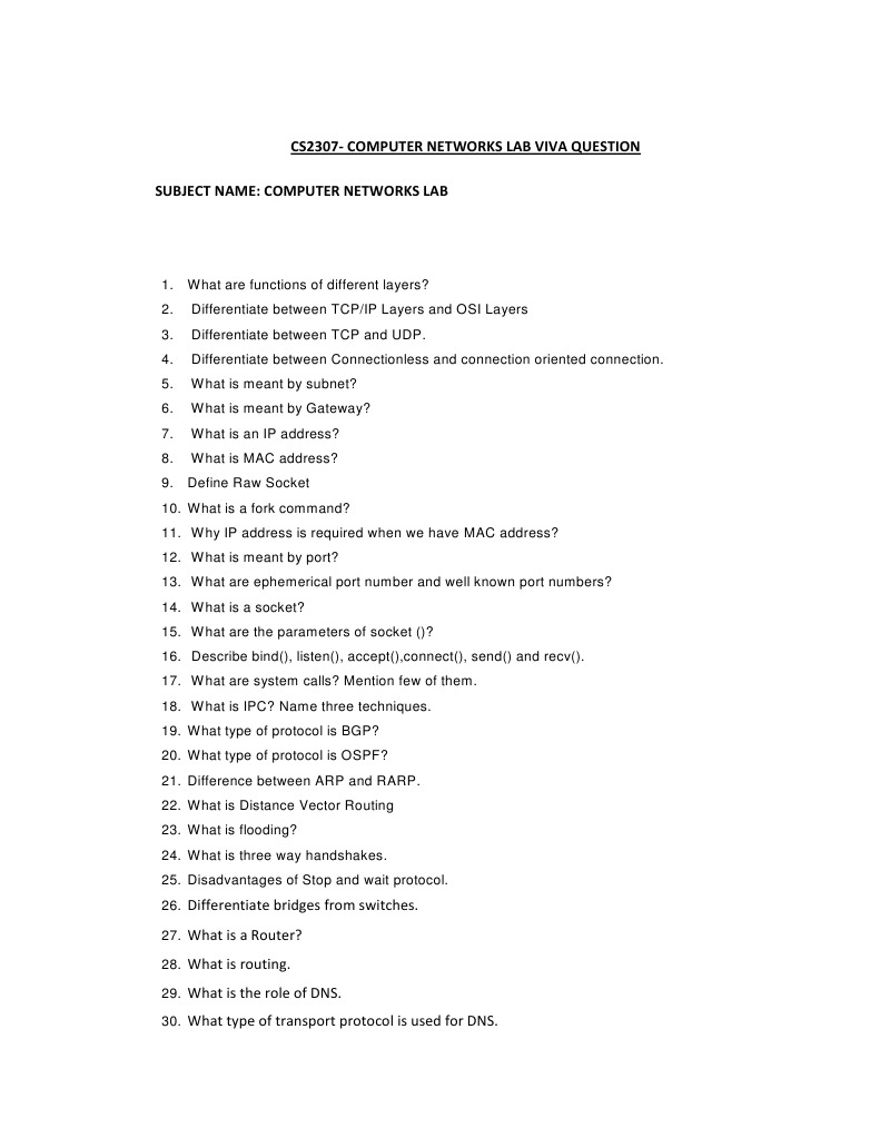 Cs2307-Computer Networks Lab Viva Question Subject Name: Computer Networks Lab | PDF
