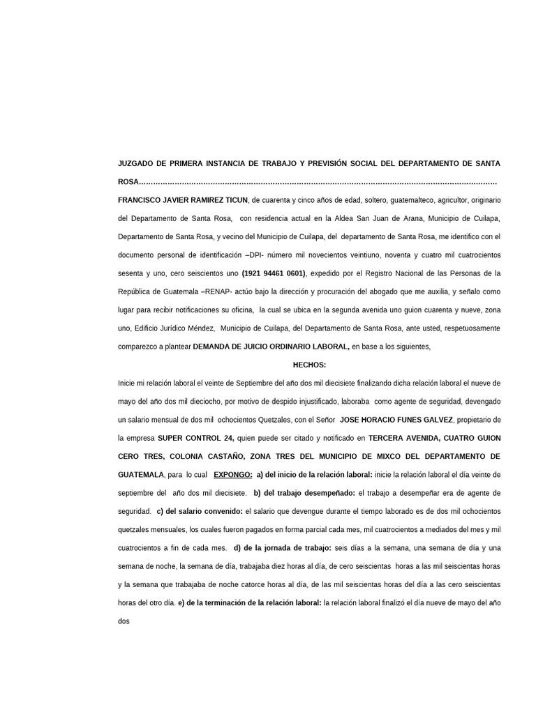 Laboral Francisco Javier Ramirez Ticun | PDF | Derecho laboral | Salario