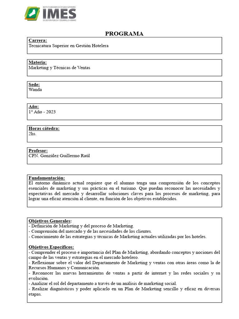 Programa Marketing y Técnicas de Ventas IMES - Sede Wanda - 2023 | PDF | Marketing | Business