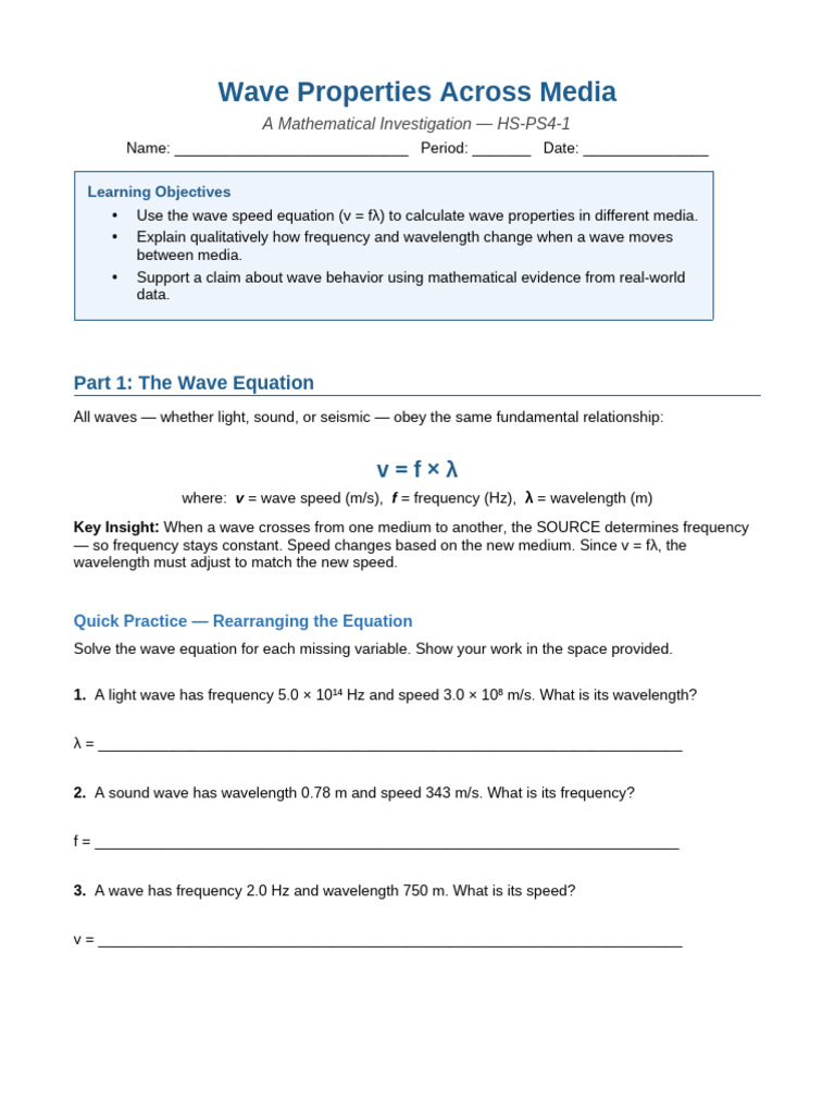 Wave Activity HS PS4 1 | PDF | Waves | Wavelength