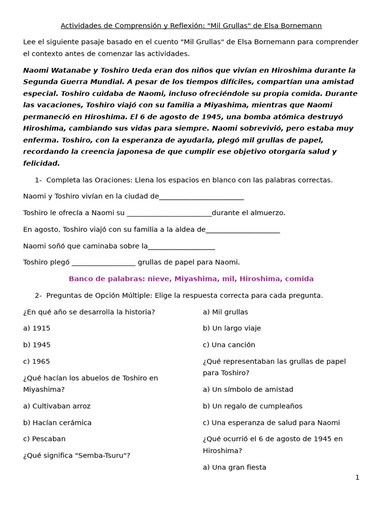 Actividades de Comprensión y Reflexión Mil Grullas | PDF | Cognición ...