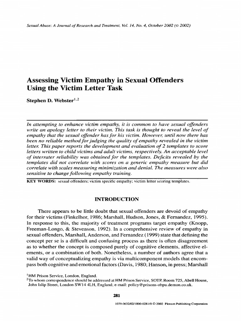 Assessing Victim Empathy in Sexual Offenders Using The Victim Letter ...