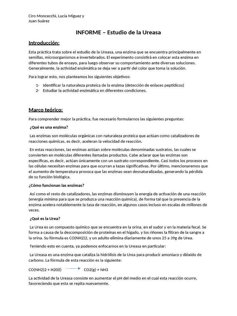 Informe Química - Estudio de La Ureasa 1 1 1 | PDF | Enzima ...