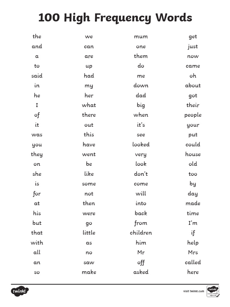 100 High Frequency Words List | PDF