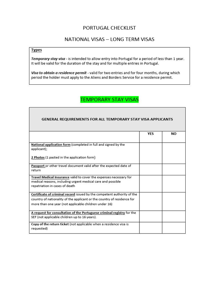 Portugal Checklist National Visa | PDF | Travel Visa | Criminal Record
