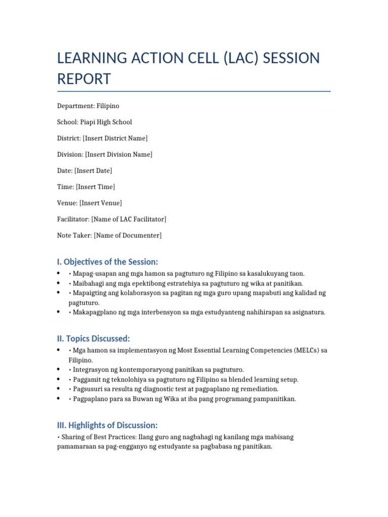 LAC Session Report Filipino Piapi High School | PDF